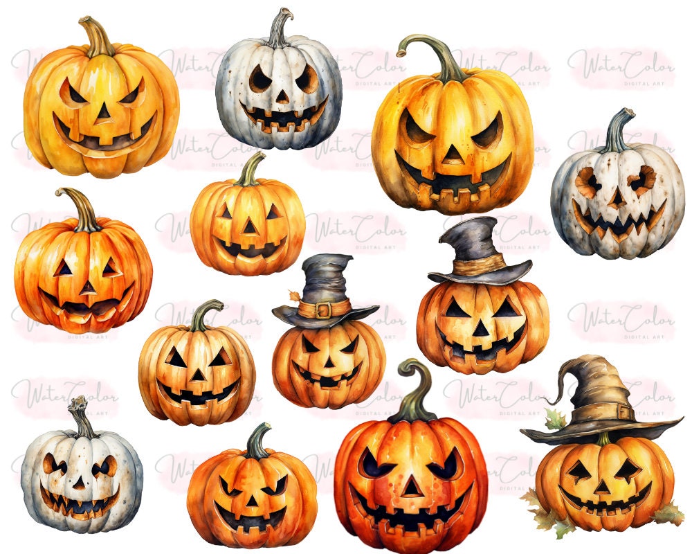 Jack O Lantern Clipart Watercolor, Spooky Pumpkins Carving, Scary ...