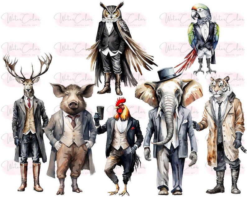 Forest Animals Fancy Zoo Clipart Watercolor Design Vintage Clothes ...