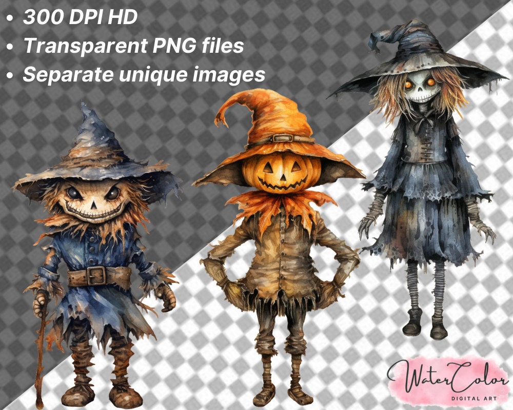 Scarecrow Clipart Watercolor Spooky Crow Scary Autumn - Etsy