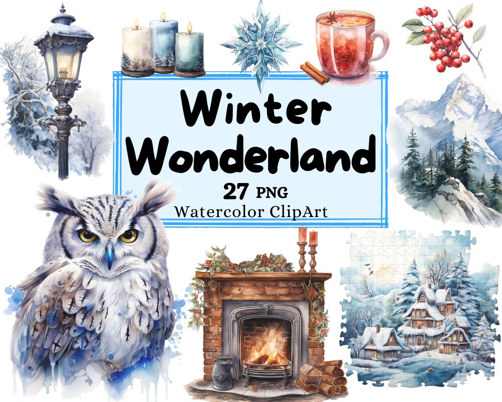 Watercolor Wonderland Clipart, Cozy Ice Snowflakes, Forest Snow Frozen ...