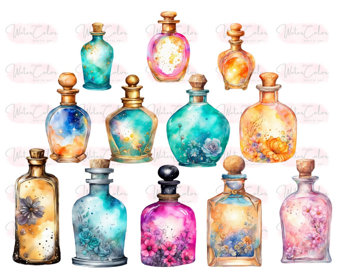 Magical Flower Potion Watercolor Perfume Clip Art Magic - Etsy