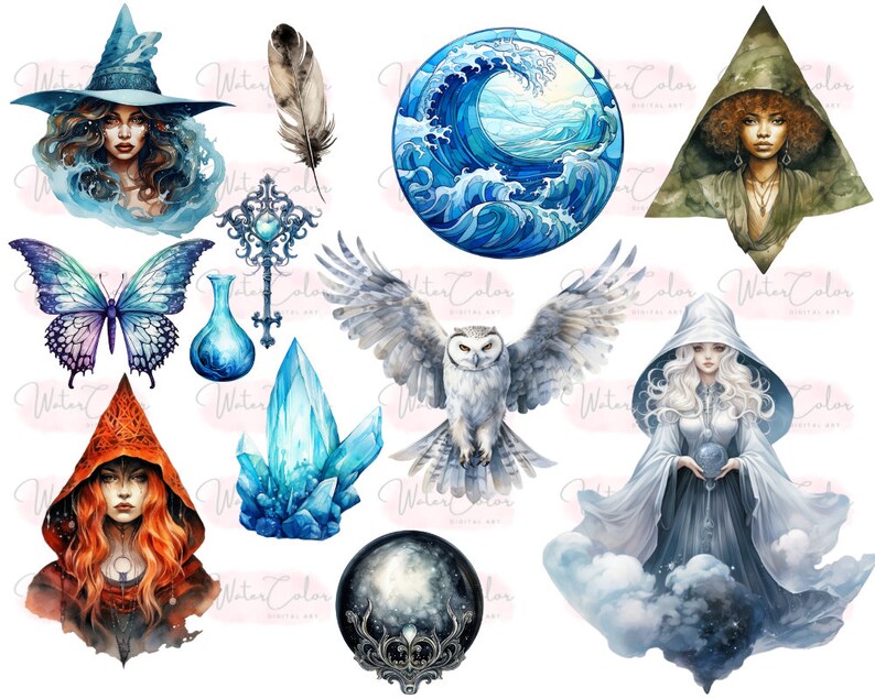 Elemental Witches Clipart Watercolor Elements Fire Water Earth - Etsy