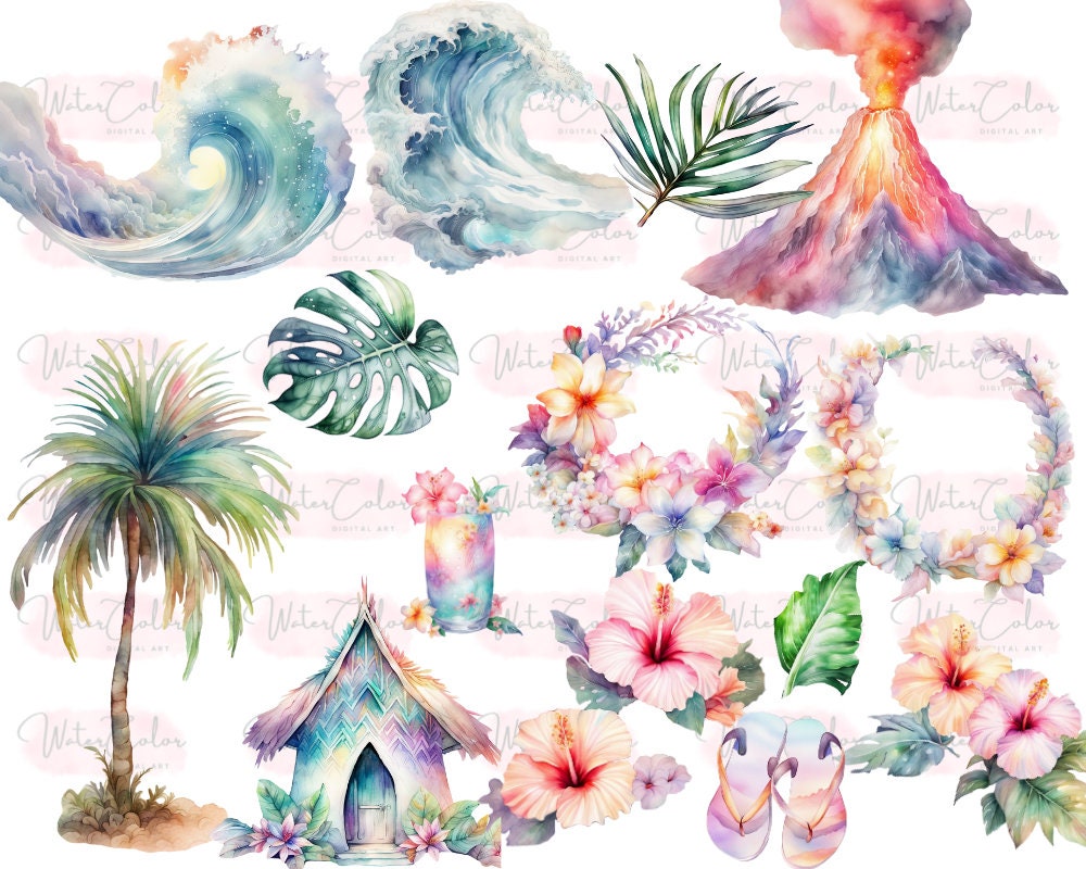 Hawaii Watercolor Clipart, Summer Tropical Palm Leave Hawaiian Clip Art ...