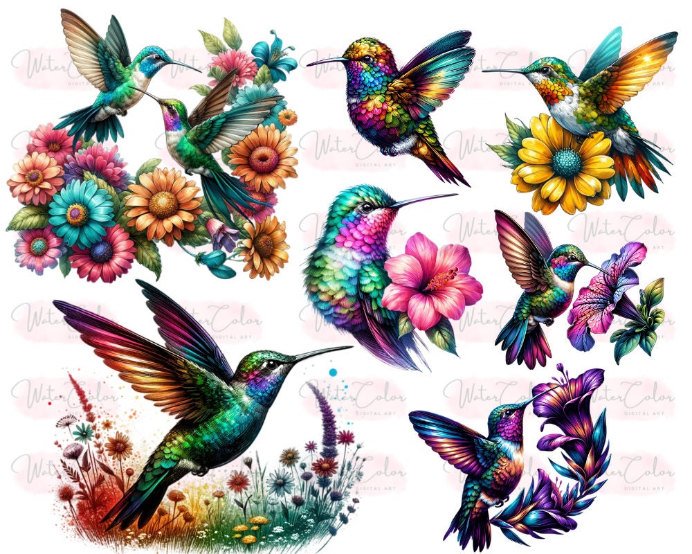 Vibrant Watercolor Hummingbird Clipart Bundle, 23 Colorful Bird Pngs ...