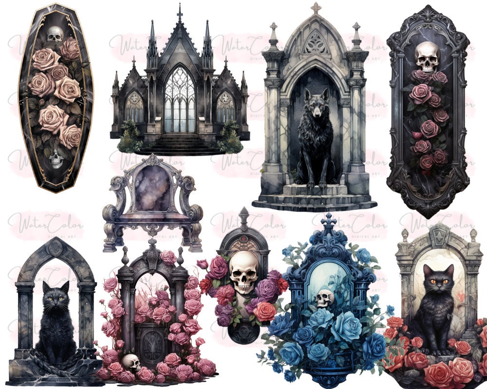 Gothic Tombstones Clipart, Rest in Peace Watercolor Grave Cemetery ...