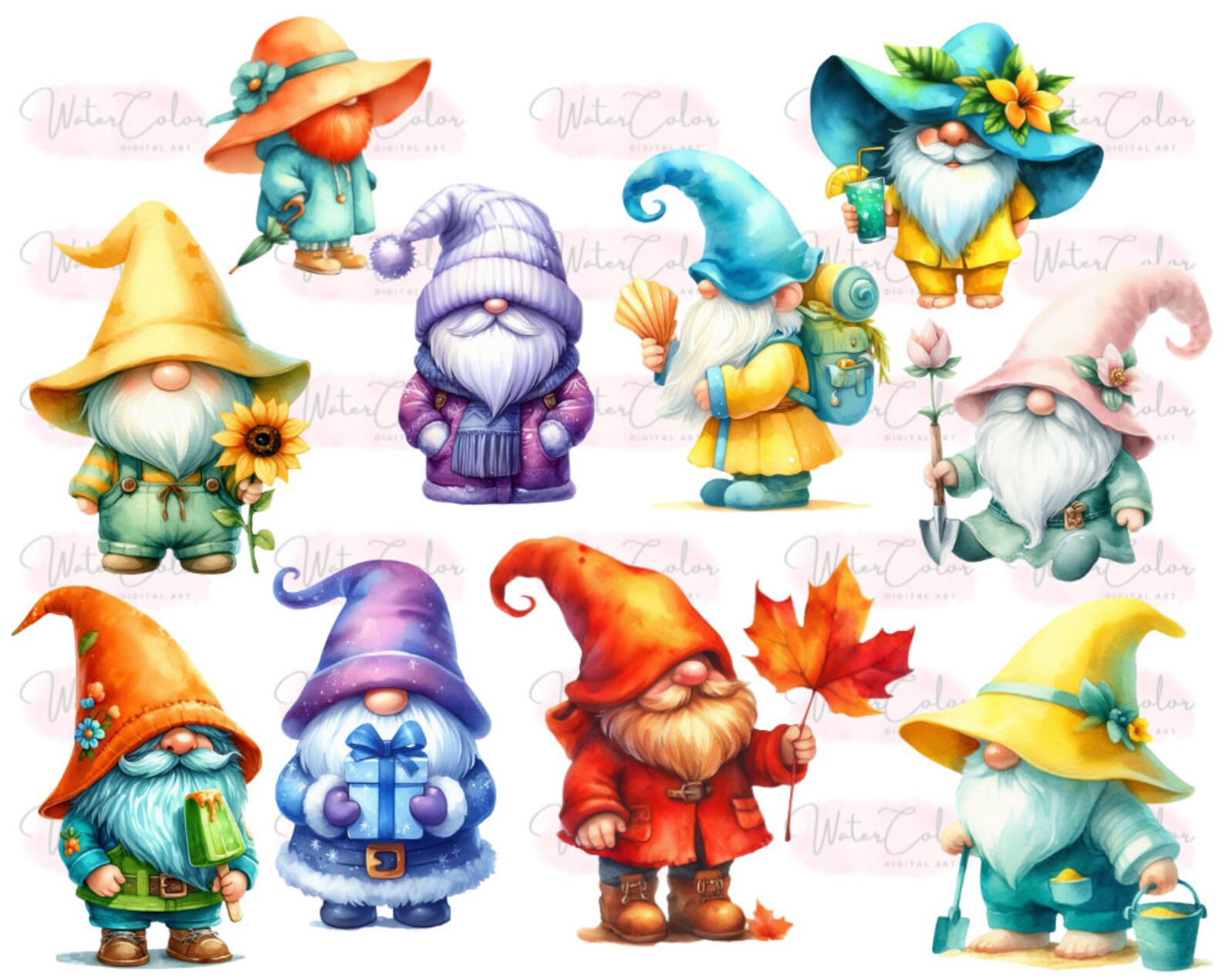 Watercolor Seasonal Gnomes Clipart Collection, Colorful Gnomes Pretty ...
