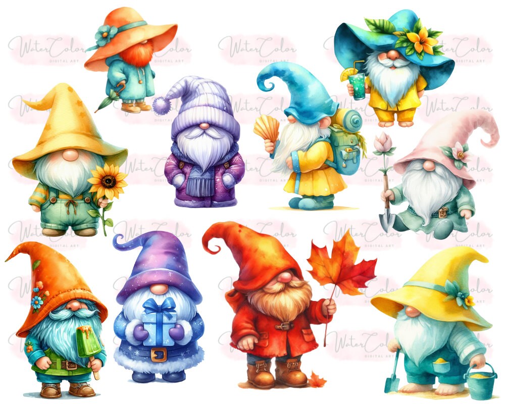 Watercolor Seasonal Gnomes Clipart Collection, Colorful Gnomes Pretty ...