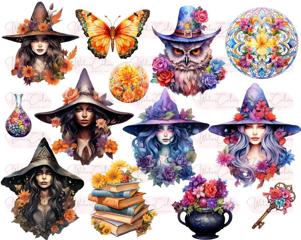 Floral Witches Clipart Watercolor Magical Flowers Witch Magic - Etsy
