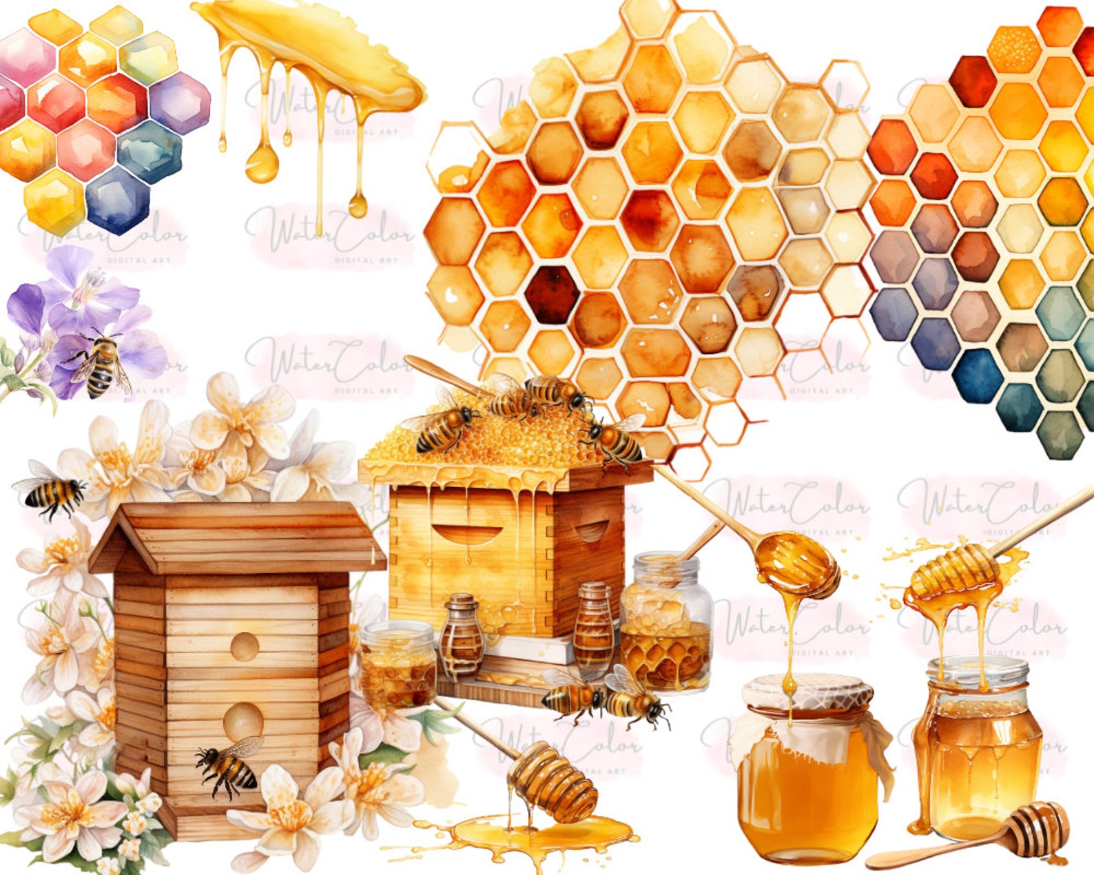 Honey Bee Watercolor Clipart Behive Honey Spoon Drips Jar - Etsy