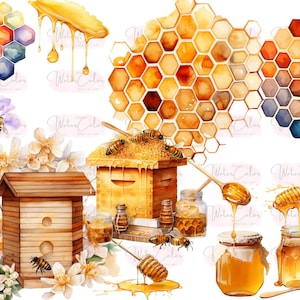 Honey Bee Watercolor Clipart, Behive Honey Spoon Drips Jar, Floral ...