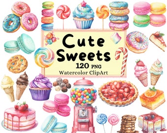 Watercolor Cute Sweets 40 Clipart, Chocolate Cookies, Sweet Macarons ...