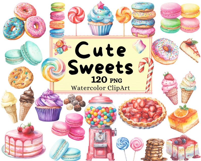Watercolor Cute Sweets Clipart, Chocolate Cookies, Sweet Macarons ...