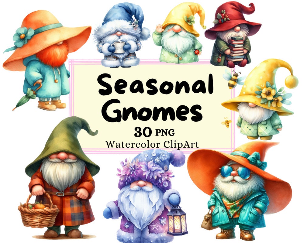 Watercolor Seasonal Gnomes Clipart Collection, Colorful Gnomes Pretty ...