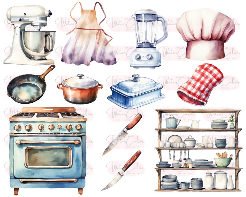 Kitchen Utensils Clipart, Watercolor Cottagecore Kitchenware Food ...