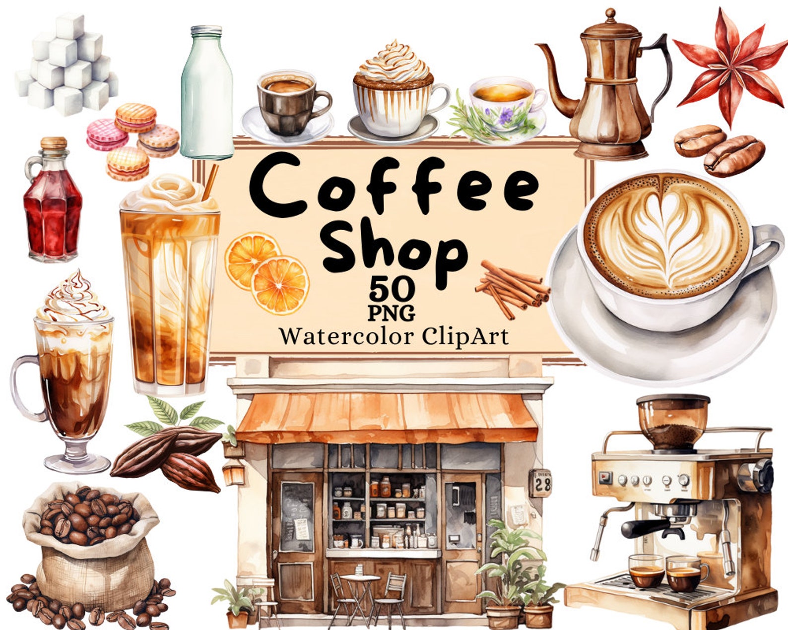 Watercolor Hot Cocoa Coffee Shop Clipart, Cozy Cottagecore Warm Drinks ...