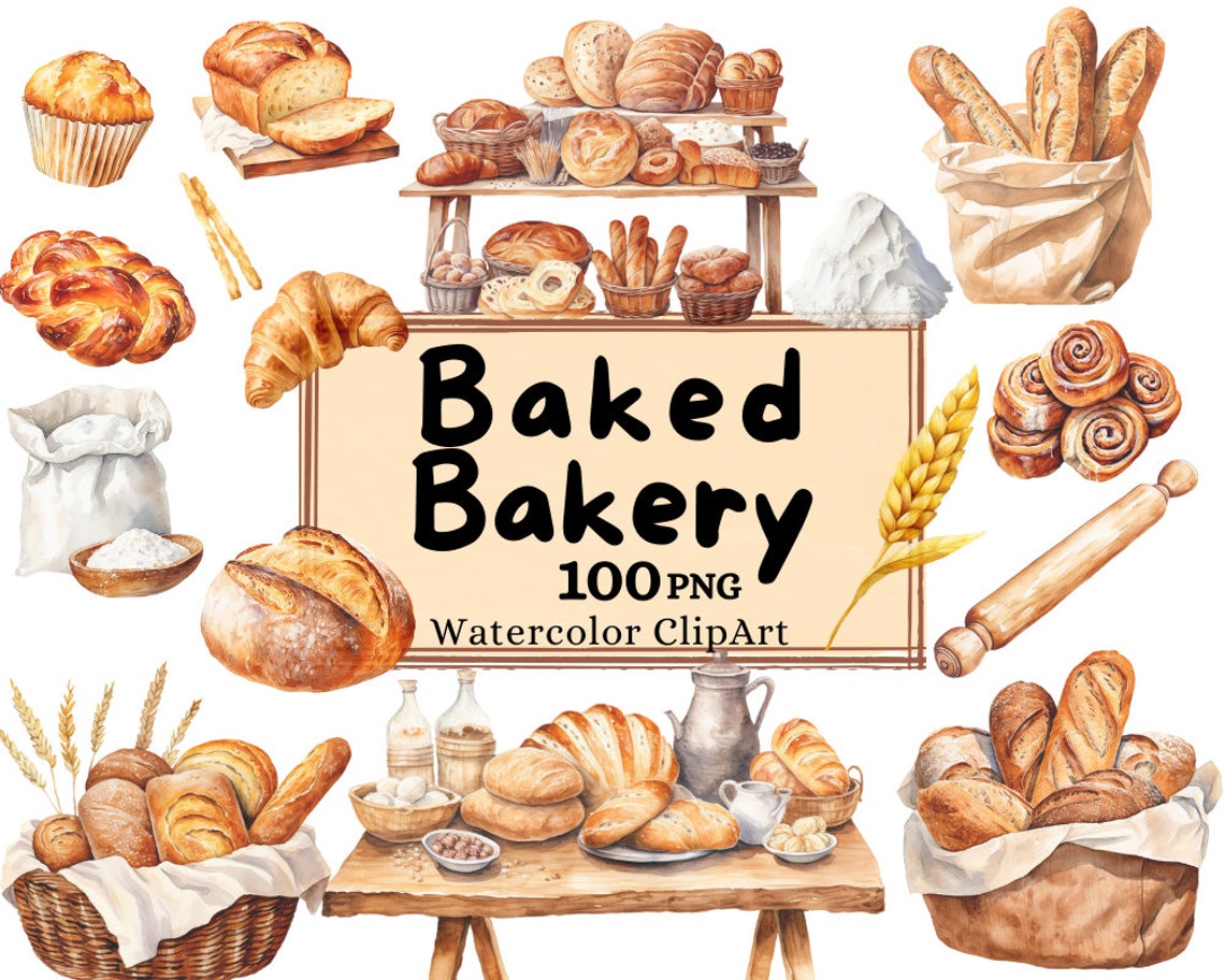 Watercolor Baked Bakery Clipart Bread Baguettes French - Etsy