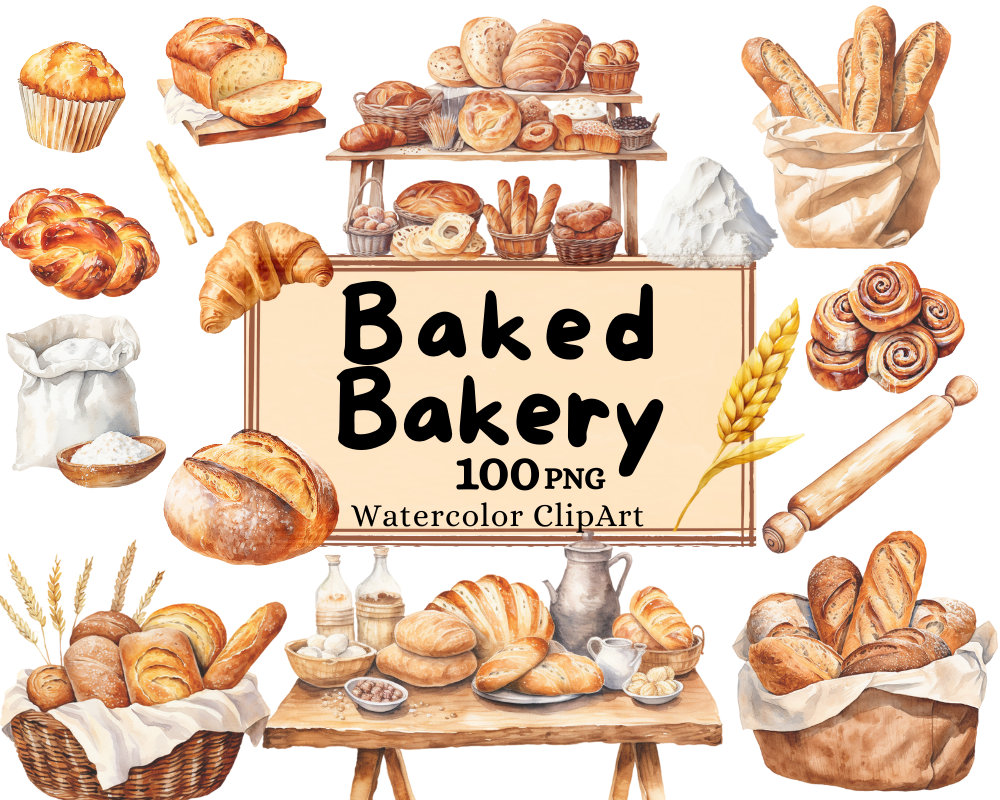 Watercolor Baked Bakery Clipart Bread Baguettes French - Etsy