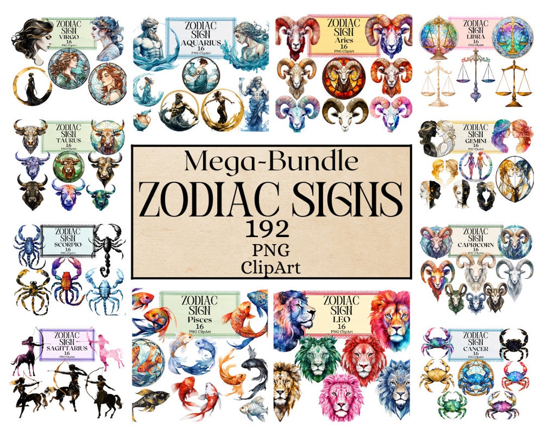 Zodiac Signs Bundle Clipart 196 Files 12 Horoscope Constellations Star ...