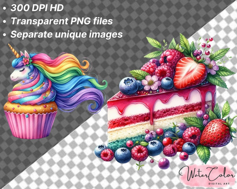 Watercolor Cute Unicorn Sweets Clipart Bundle, Glitter Colorful Dessert ...