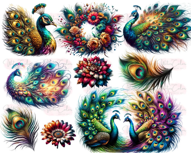 Watercolor Peacock Art Bundle - Elegant Peacocks & Feathers, Exotic ...