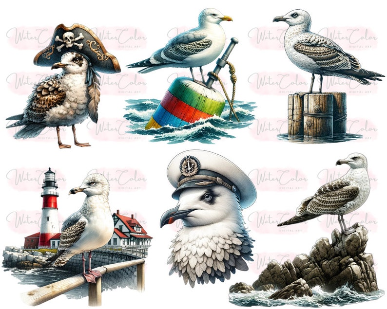 Watercolor Seagulls Clipart Bundle Pirate Hat Seagull, Nautical Bird ...