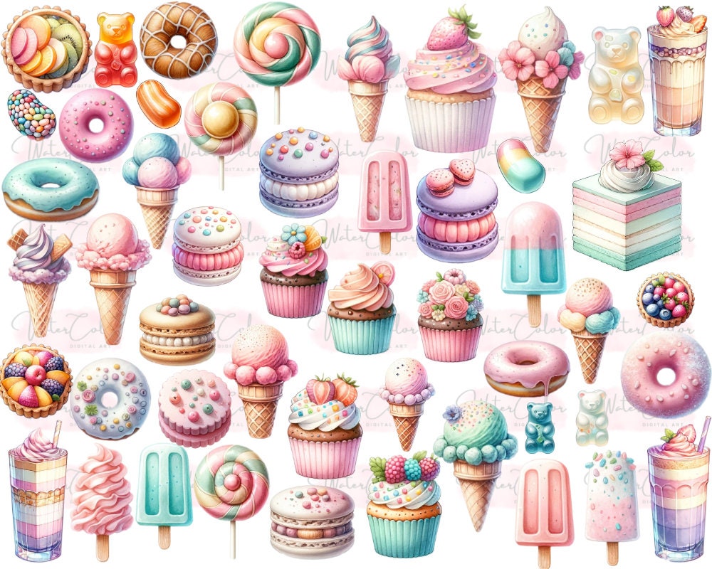 Watercolor Pastel Sweets Clipart Bundle, Treats Macarons Cupcakes Gummy ...