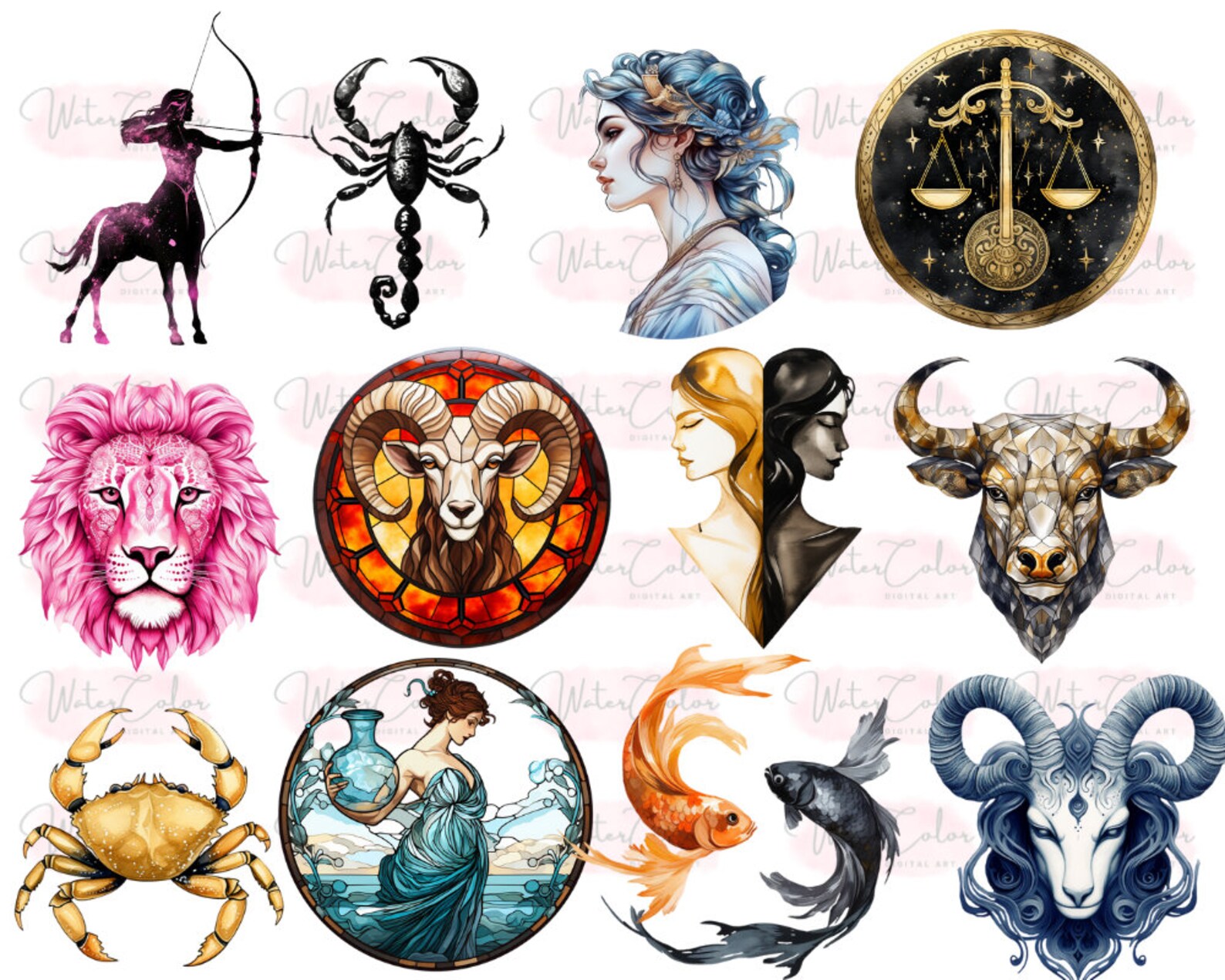 Zodiac Signs Bundle Clipart 196 Files 12 Horoscope Constellations Star ...