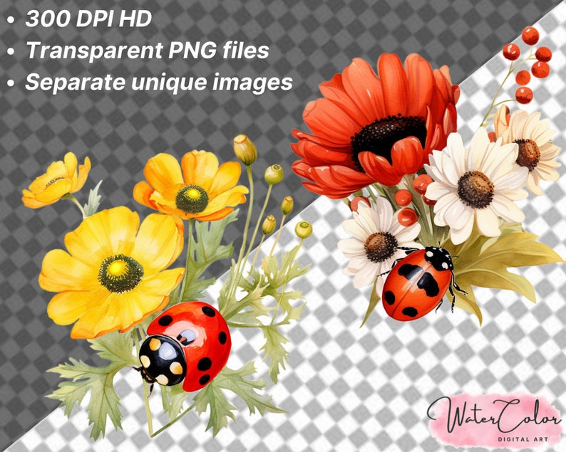 Watercolor Ladybug Clipart Bundle, Floral Cute Lady Bugs Decorative ...
