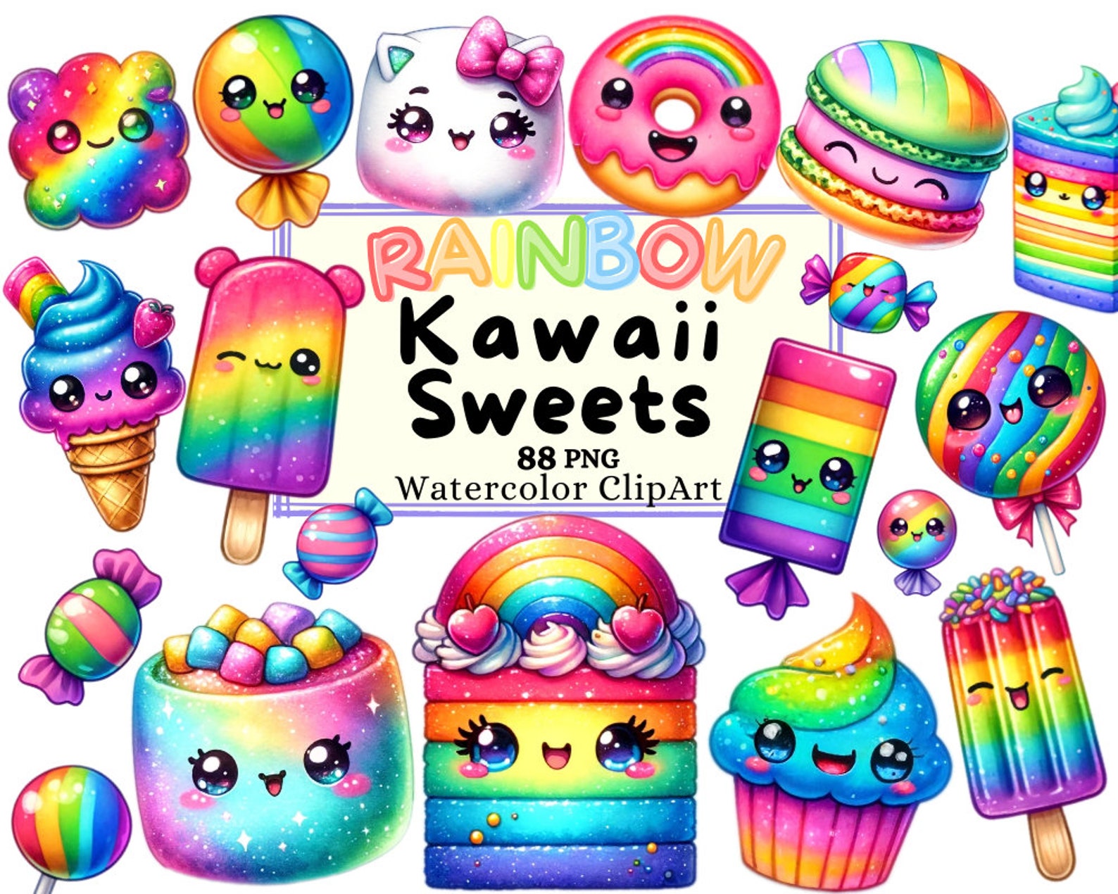 Watercolor Kawaii Rainbow Sweets Clipart Bundle, Colorful Macaron ...