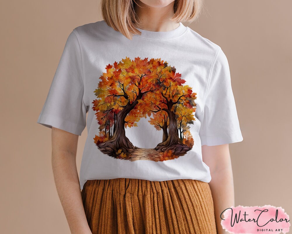 Watercolor Autumn Forest Clipart, Fall Trees Falling Leaves, Maple Leaf ...