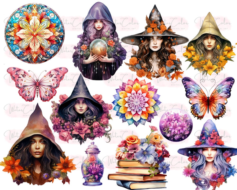 Floral Witches Clipart Watercolor Magical Flowers Witch Magic - Etsy
