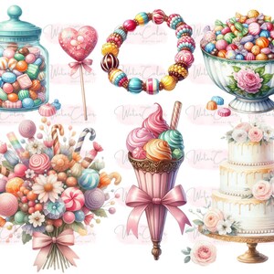Watercolor Wedding Candy Clipart, Floral Cake, Candy Bouquet, Pastel ...