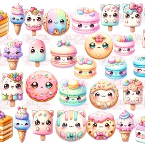 Watercolor Kawaii Sweets Clipart Bundle, Soft Colors Macarons Cupcakes ...