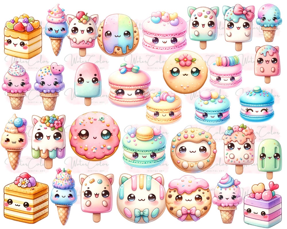 Watercolor Kawaii Sweets Clipart Bundle, Soft Colors Macarons Cupcakes ...