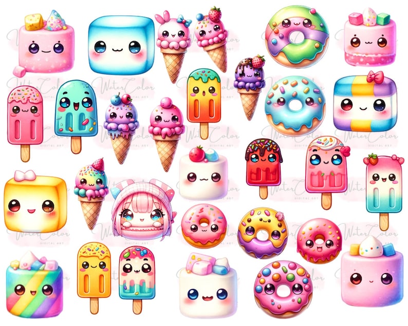 Watercolor Kawaii Sweets Clipart Bundle, Colorful Macarons Cupcakes ...