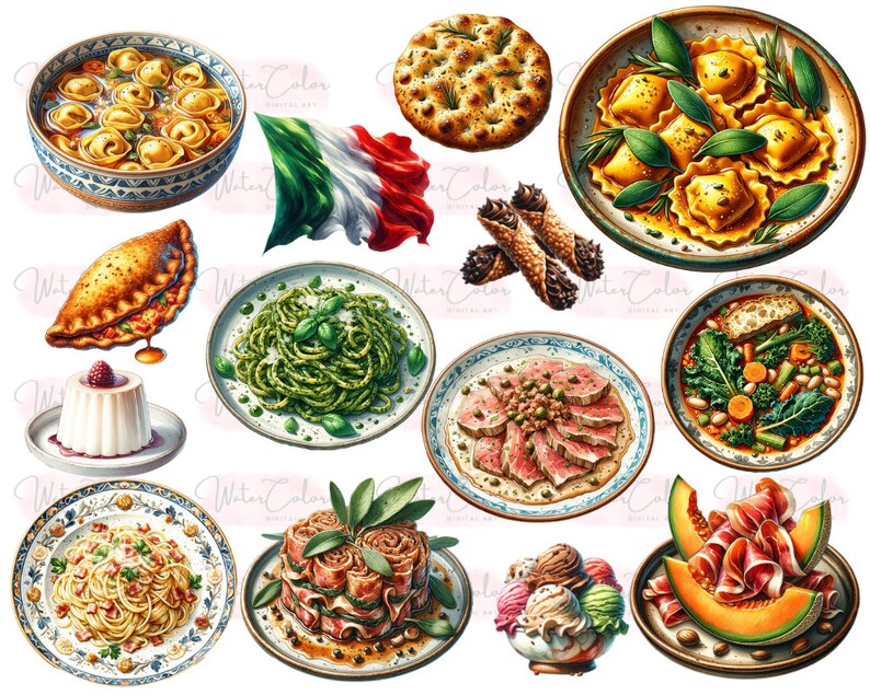 Watercolor Italian Food Bundle Clipart, Italy Gourmet Dishes Pizza ...