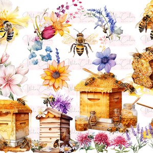 Honey Bee Watercolor Clipart, Behive Honey Spoon Drips Jar, Floral ...