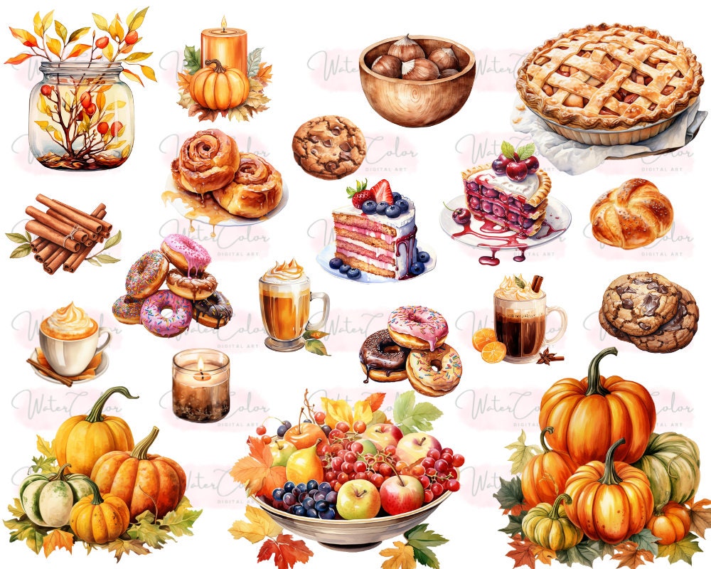 Pumpkin Spice Watercolor Clipart, Cozy Fall Sweets and Treats Cookies ...