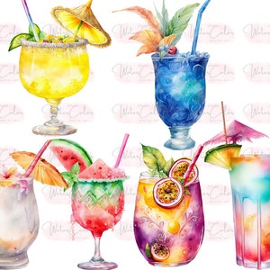 Tropical Cocktails Watercolor Clipart, Summer Drink Palm Leave Exotic ...