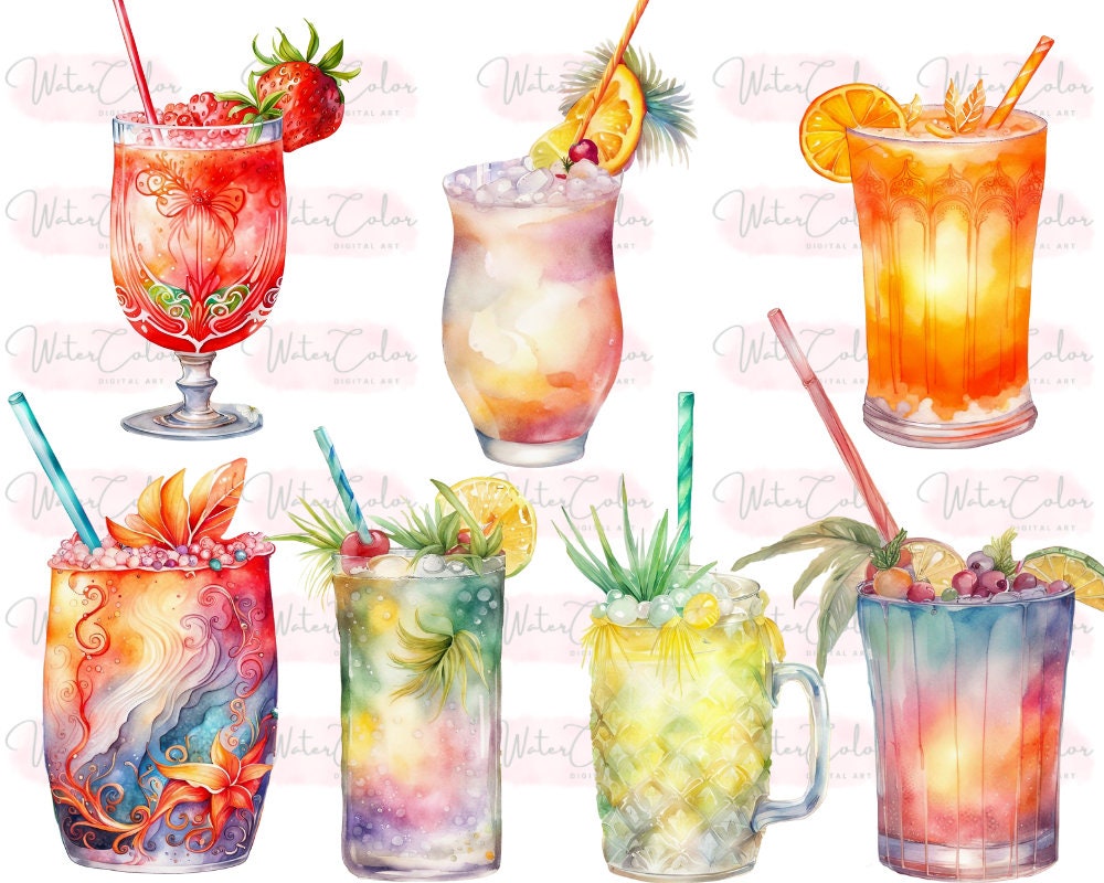Tropical Cocktails Watercolor Clipart, Summer Drink Palm Leave Exotic ...