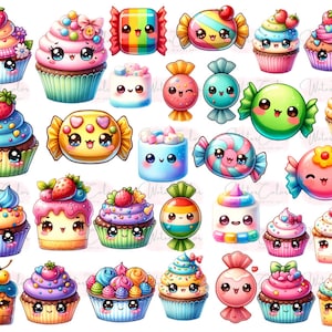 Watercolor Kawaii Sweets Clipart Bundle, Colorful Macarons Cupcakes ...