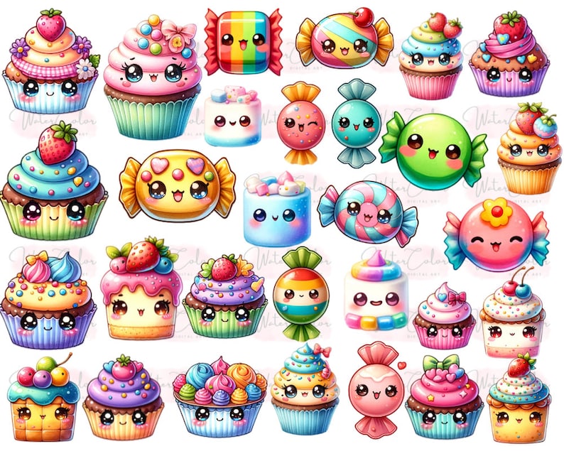 Watercolor Kawaii Sweets Clipart Bundle, Colorful Macarons Cupcakes ...