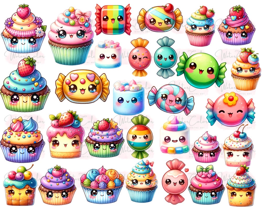 Watercolor Kawaii Sweets Clipart Bundle, Colorful Macarons Cupcakes ...