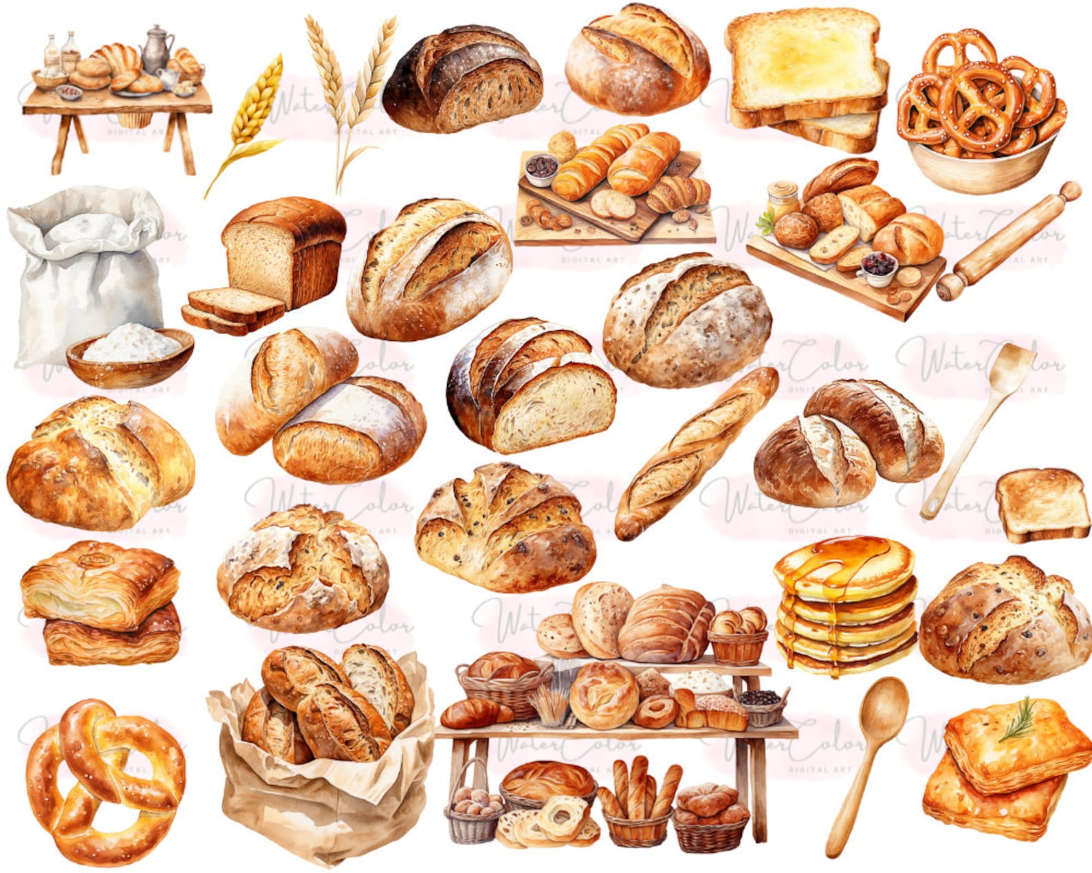 Watercolor Baked Bakery Clipart, Bread Baguettes French Croissants ...