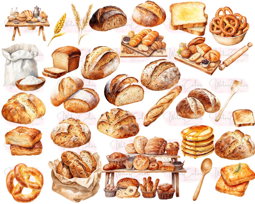 Watercolor Baked Bakery Clipart Bread Baguettes French - Etsy
