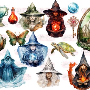 Elemental Witches Clipart Watercolor Elements Fire Water Earth Air ...