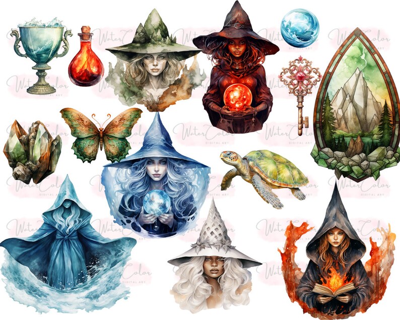 Elemental Witches Clipart Watercolor Elements Fire Water Earth Air ...