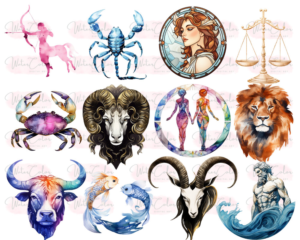 Zodiac Signs Bundle Clipart 196 Files 12 Horoscope Constellations Star ...
