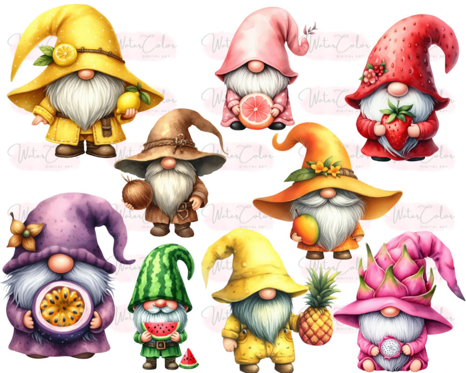Watercolor Fruit Gnomes Clipart Collection, Colorful Fruits Gnome ...