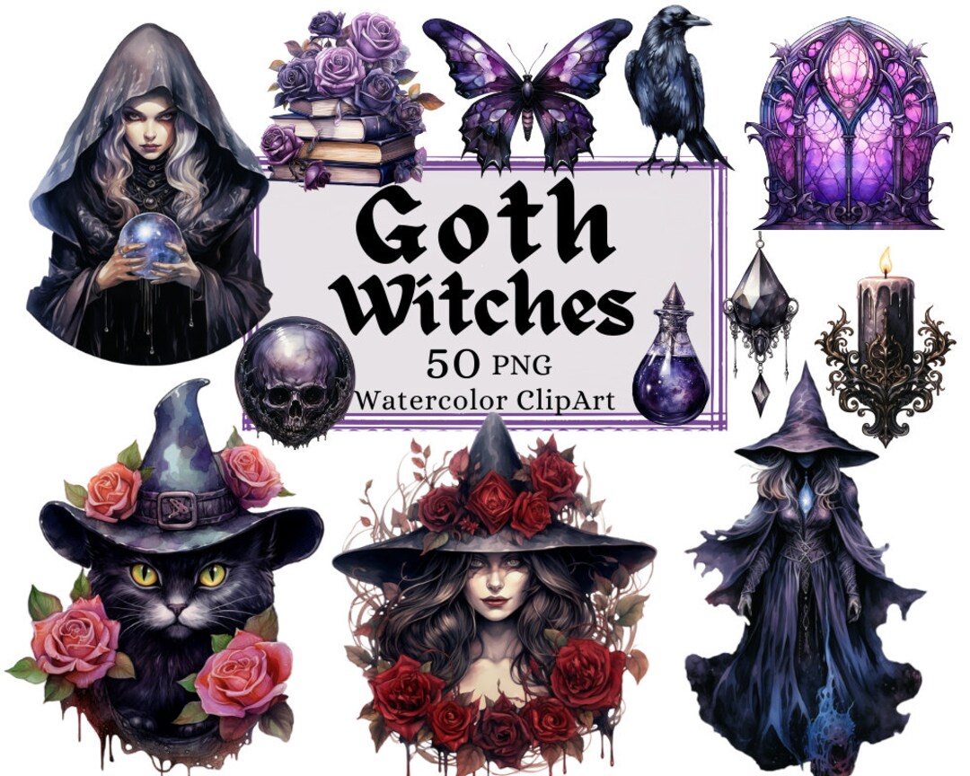 Dark Gothic Witches Clipart, Watercolor Goth Roses Magic Dark Spell PNG ...